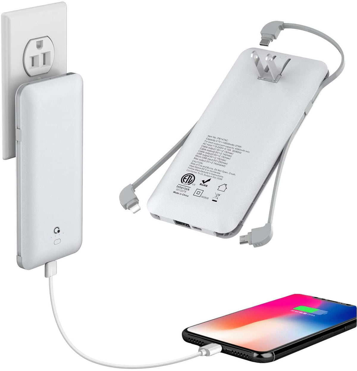UUTEK RSQ3-A 10000mAh powerbank with AC plug and 3 cables built-in